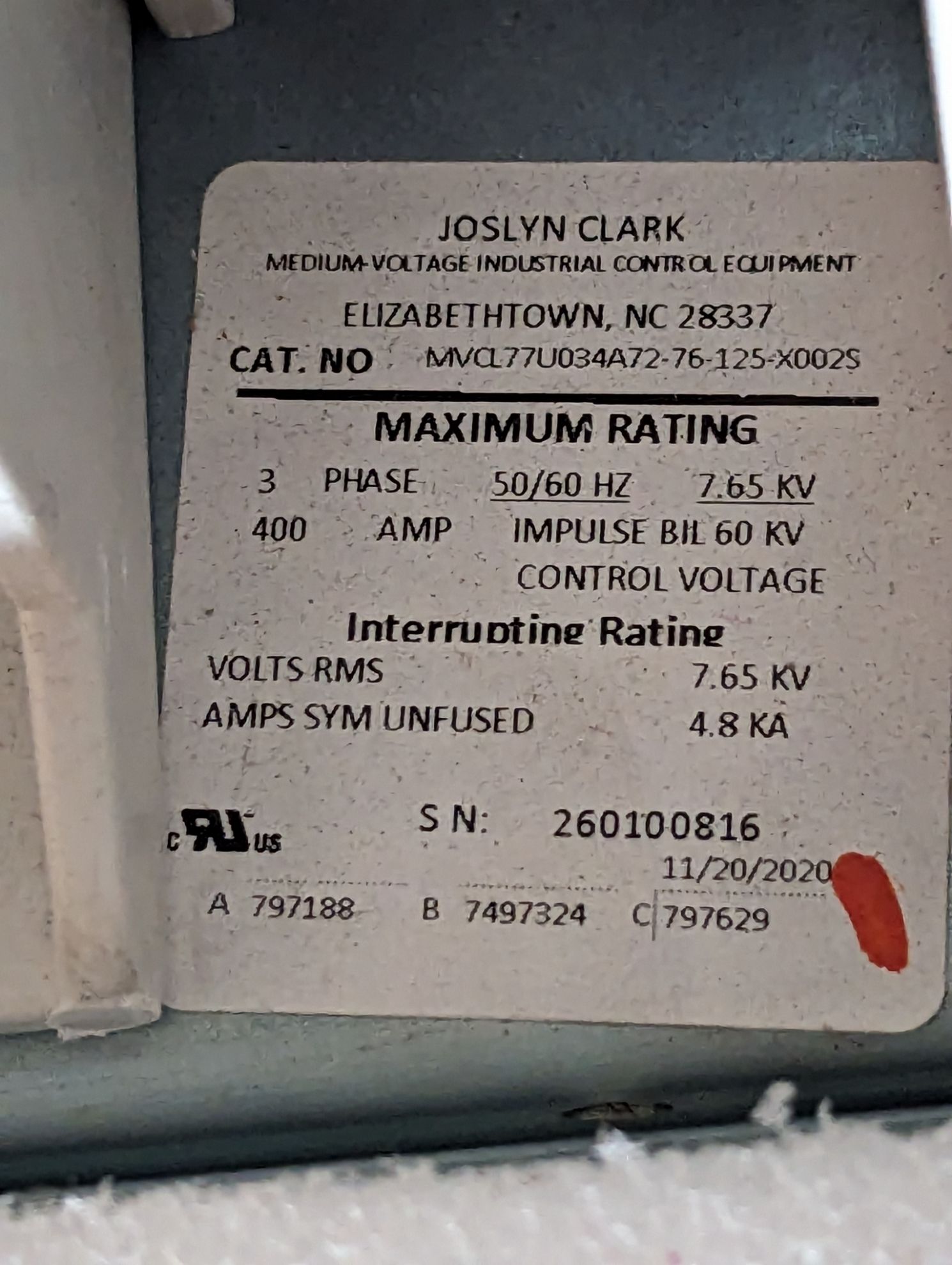 Joslyn Clark Mvcl77u034a72-76-125-x002s Contactor. CorreosClic